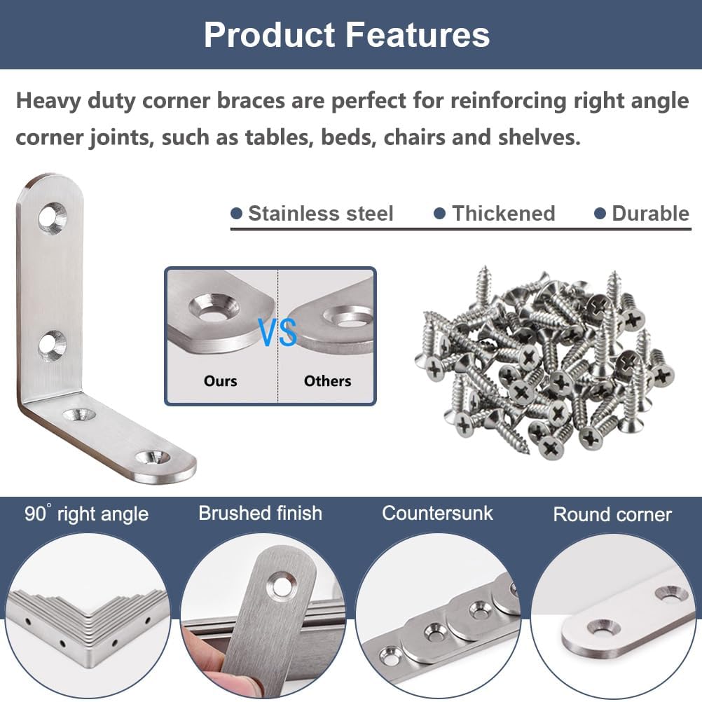 Snapklik.com : 6 Pcs L Bracket Corner Brace Stainless Steel 65x65mm 90 ...