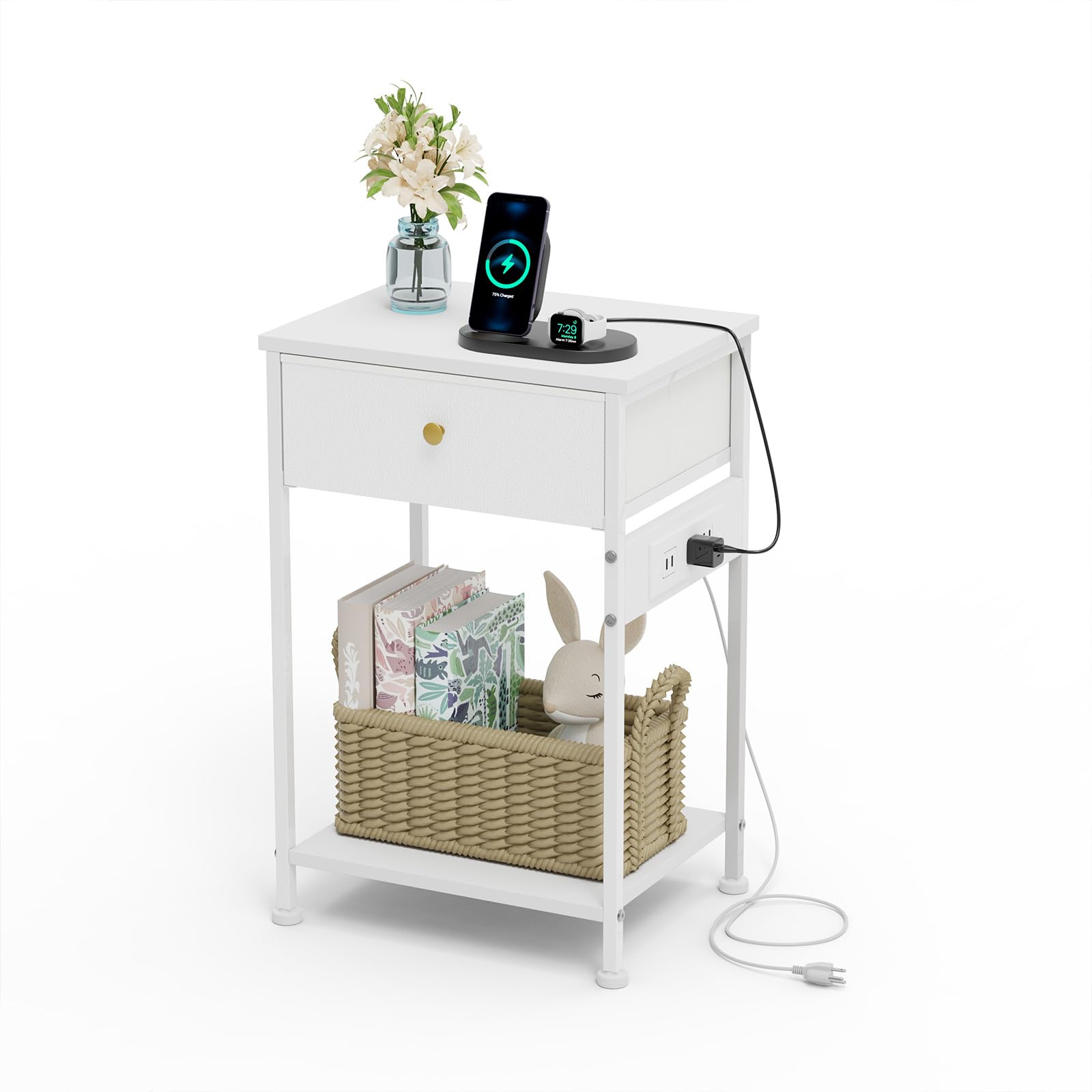 Amazon.com: YIPPPPE White Nightstand with Charging Station, Small Night ...