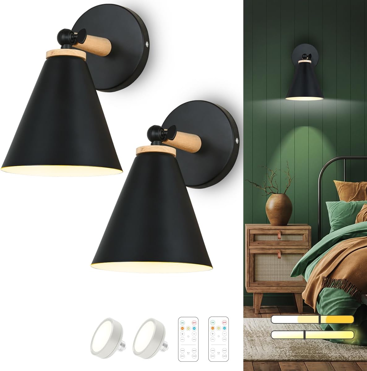 Daoteper Battery Operated Wall Sconce Set of 2, Wooden Black Wireless ...