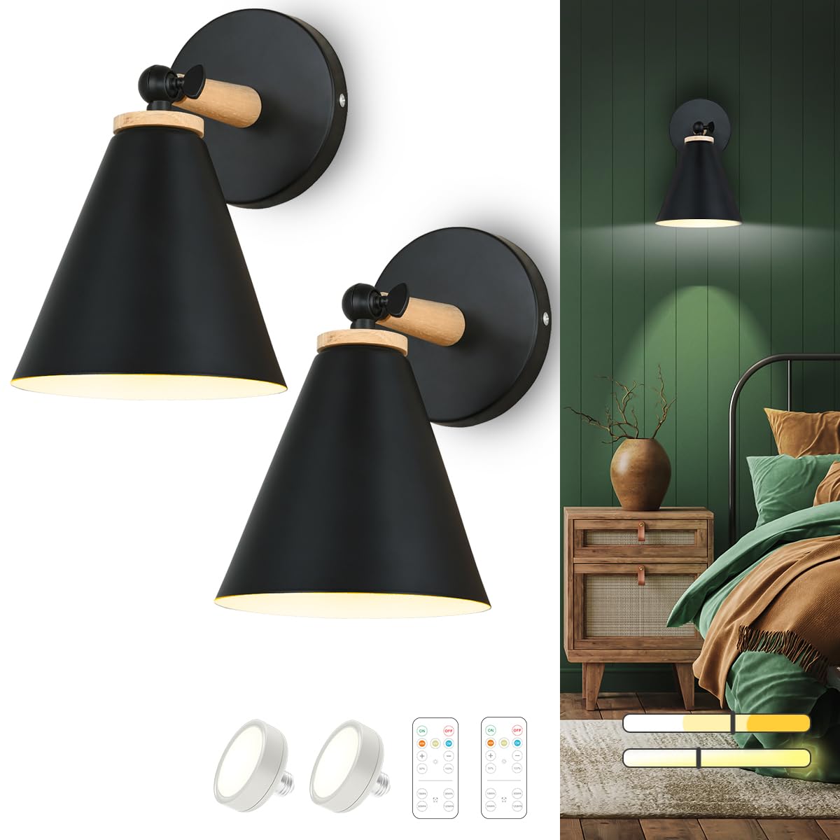 Daoteper Battery Operated Wall Sconce Set of 2, Wooden Black Wireless ...