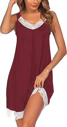Ekouaer Womens Nightdress Chemise Sleepwear Full Slips Lace Nightgown Nightie V-neck Soft Jersey ...