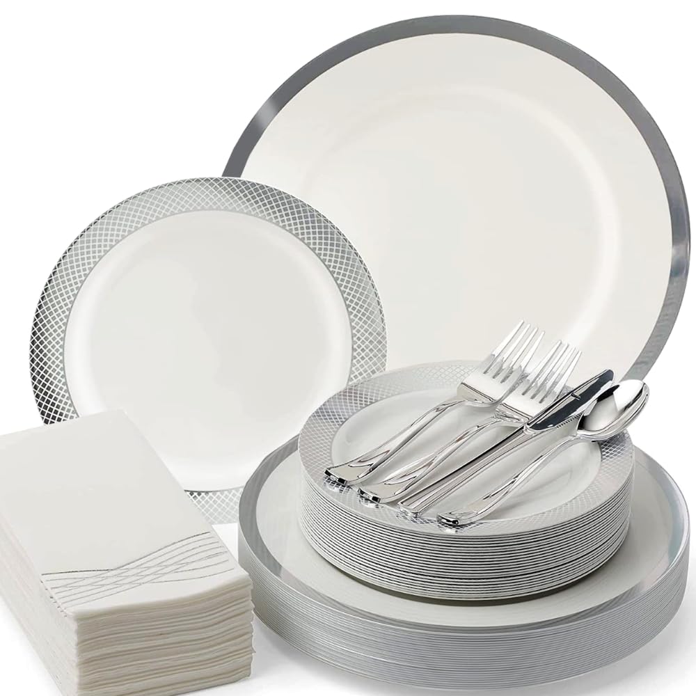 Amazon.com: Heavyweight Elegant Disposable Dinnerware Set - Silver ...