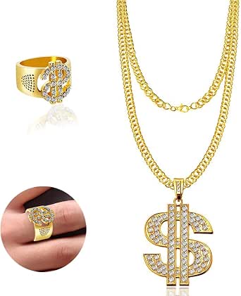 Amazon.com: 2 Pcs Hip Hop Costume Kit, Dollar Sign Necklace and Ring ...