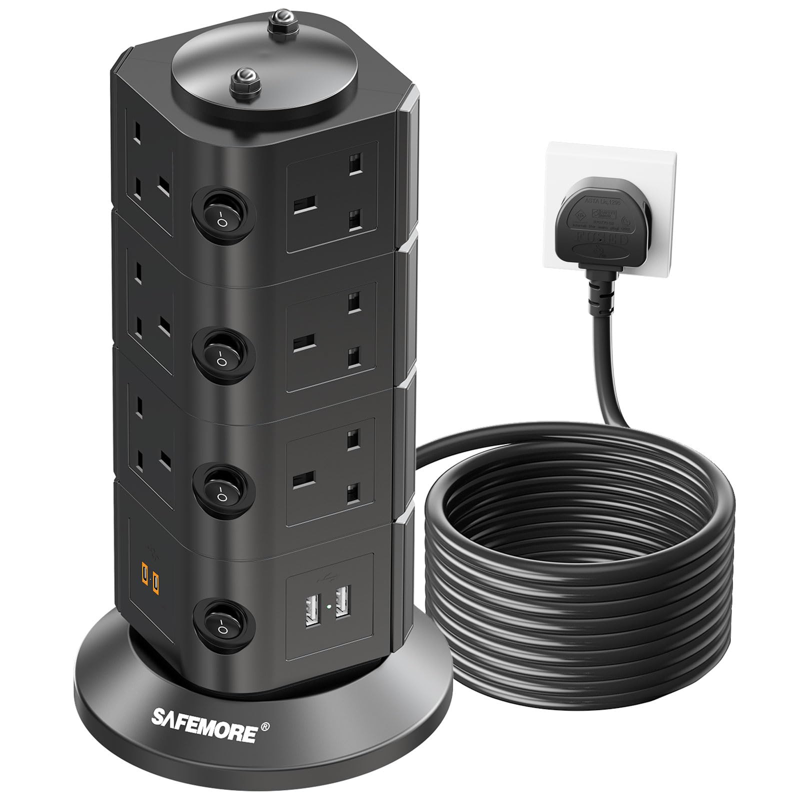 SAFEMORE Tower Extension Lead 14 Way, Extension Plug with 4 USB (2 USB ...