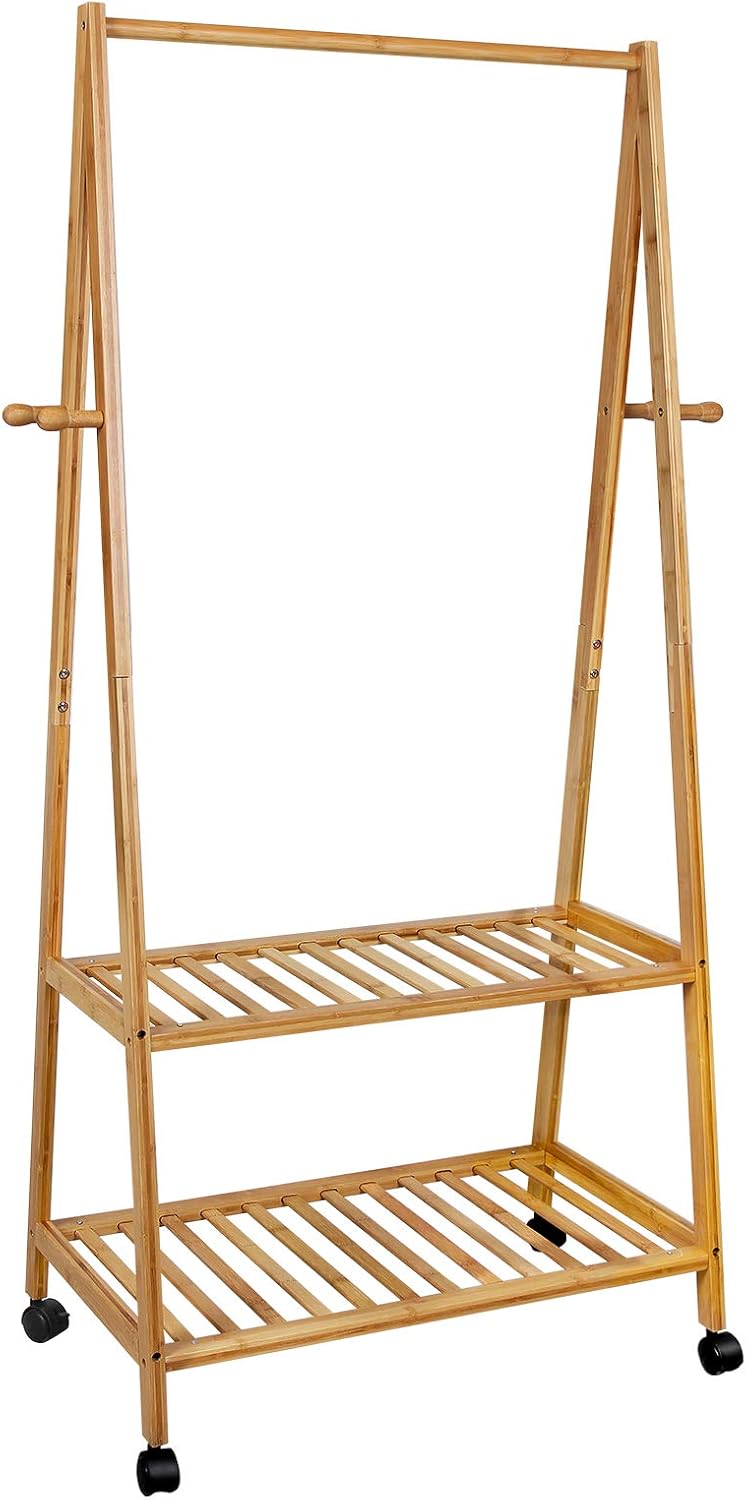 SONGMICS Rolling Coat Rack, Bamboo Garment Rack, Clothes Hanging Rail ...