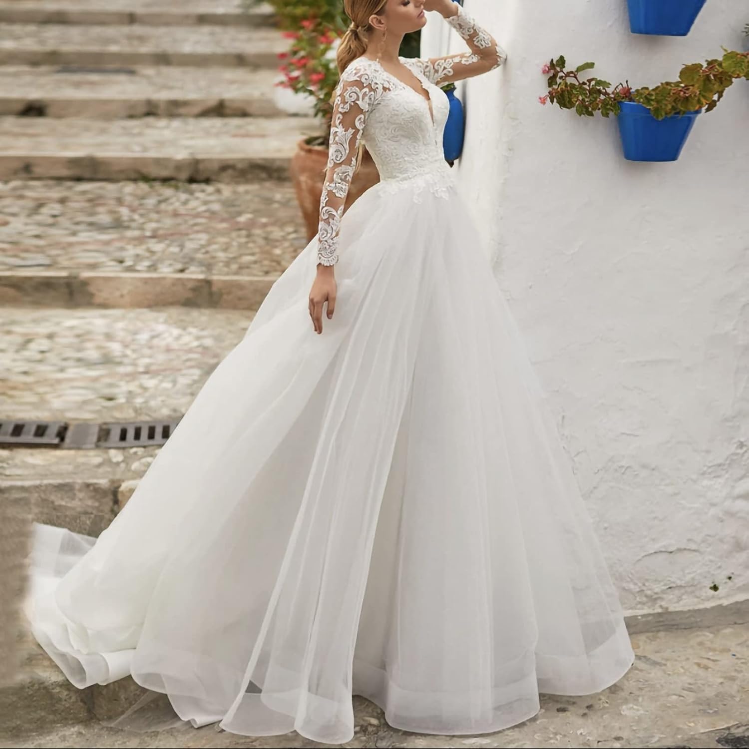 Long Sleeve Lace Wedding Dress Open Back