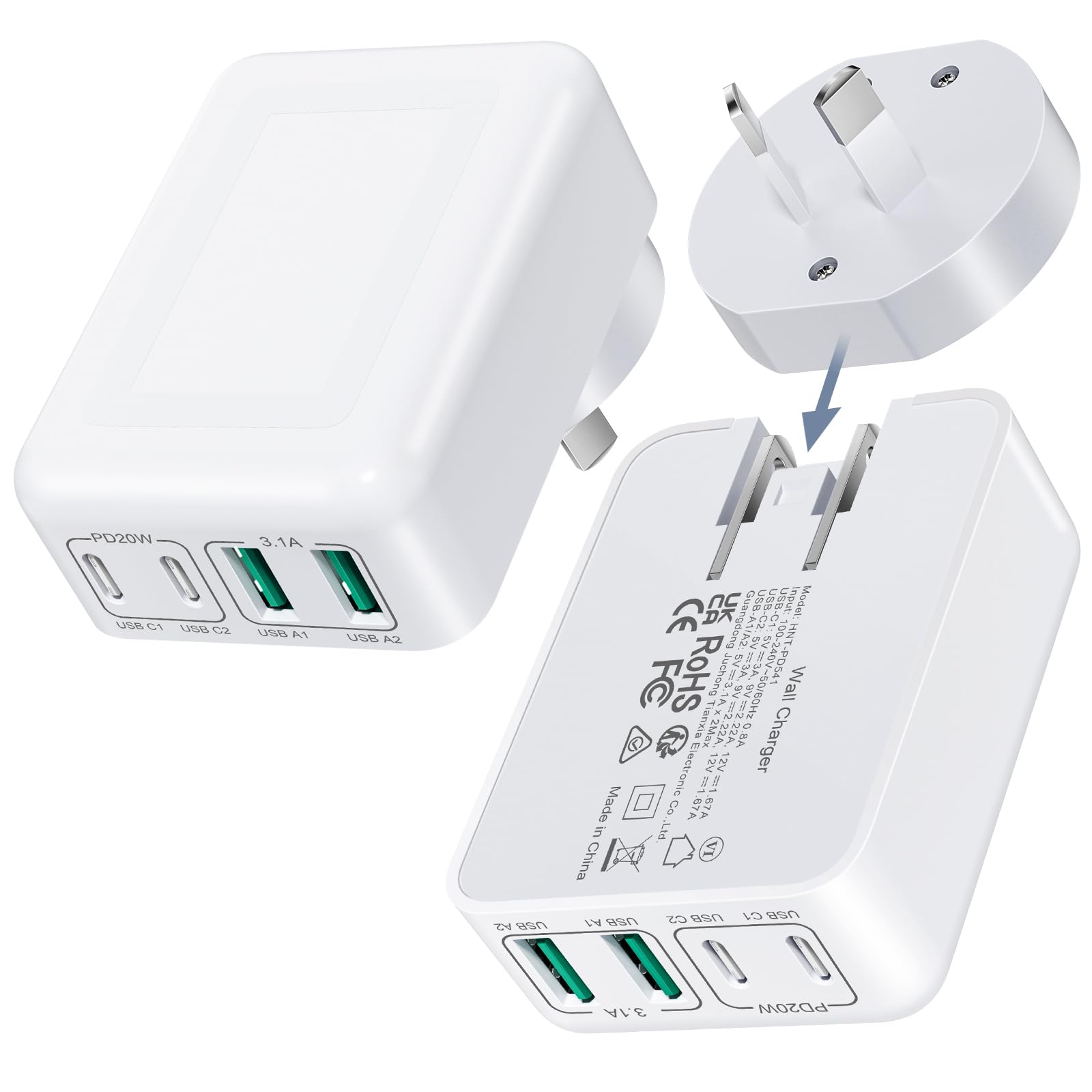 2 Pack USB C Charger, Total 40W Fast Charger PD3.0, 4 Port Foldable USB ...
