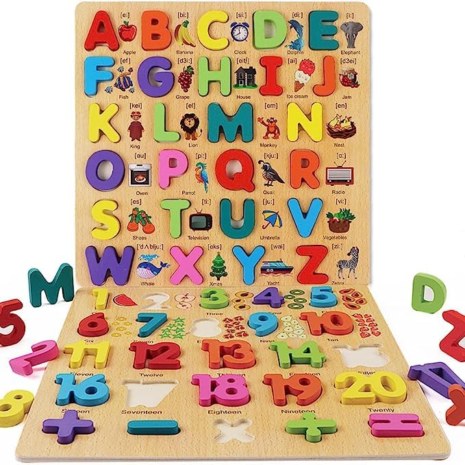 TREXEE Pack of 2 Education Wooden Puzzles for Toddlers, Wooden ABC ...