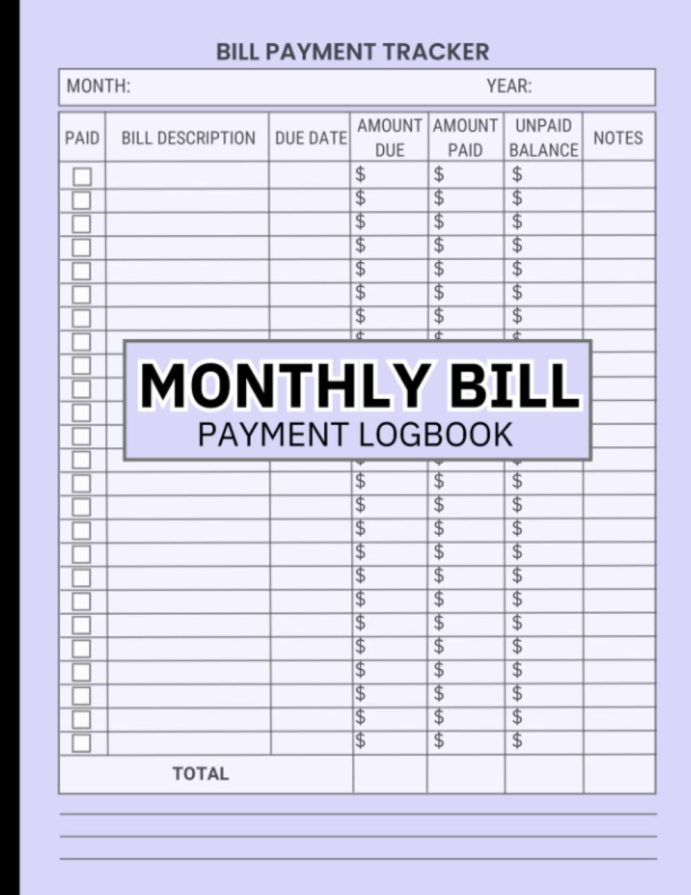 Monthly Bill Payment Log Book: Bill Payment Tracker Organizer for 9 ...