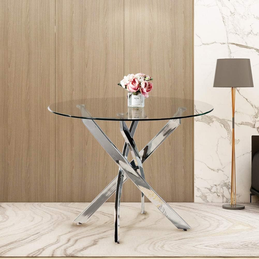 GOLDFAN Glass Round Dining Table Modern Kitchen Table with Silver ...