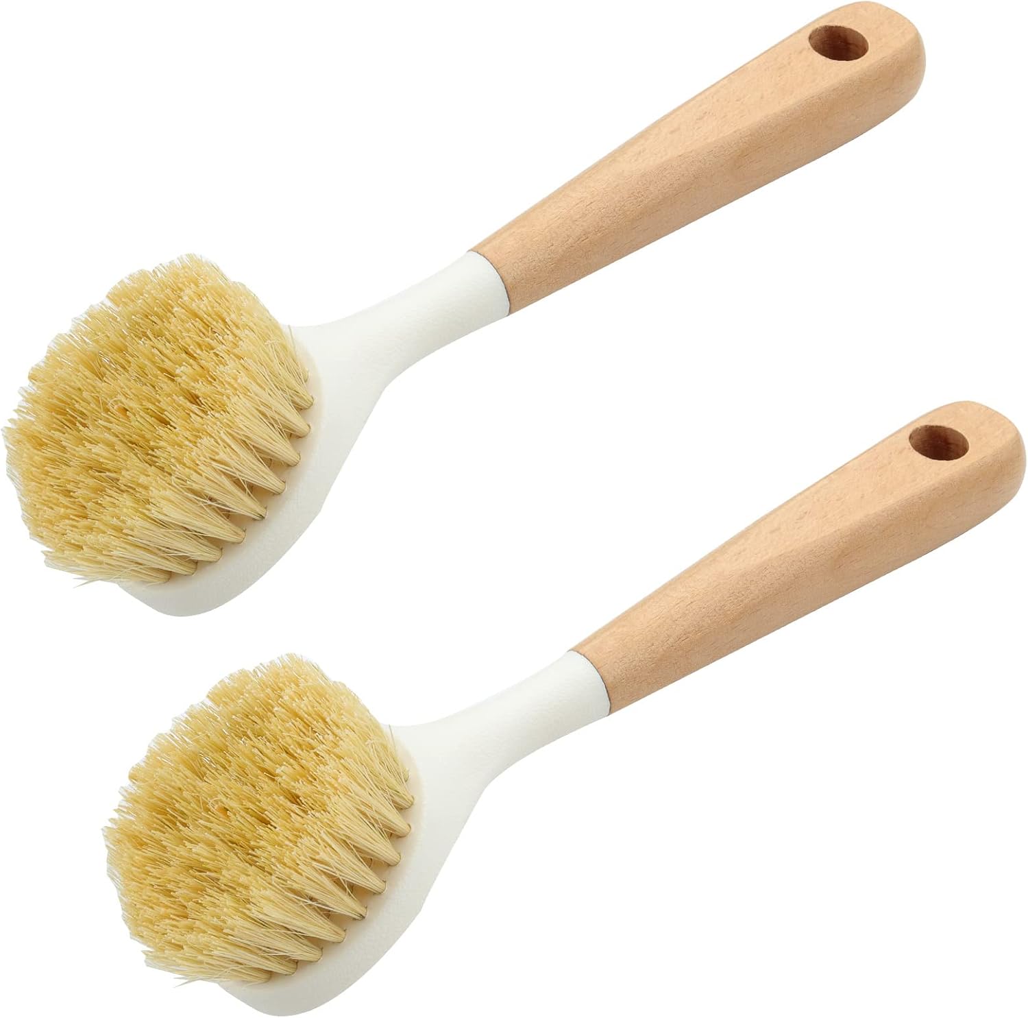 2 Pcs Wooden Plate Brush - Natural Dishwashing Scrubber, Long Handled ...