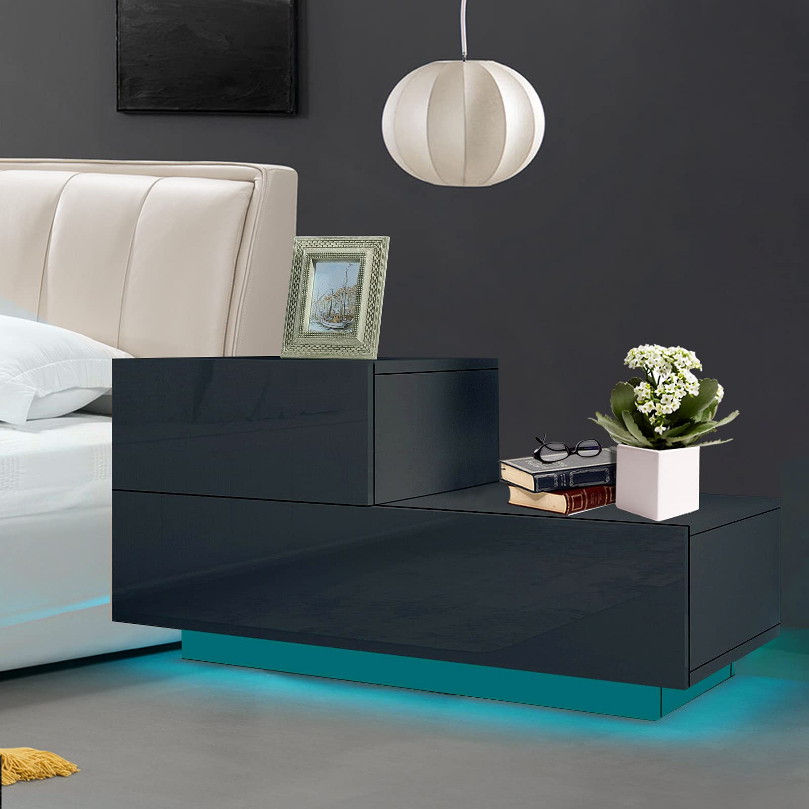 Buy Modern Bedside Table with 2 Drawers RGB LED - Bedside Cabinet ...