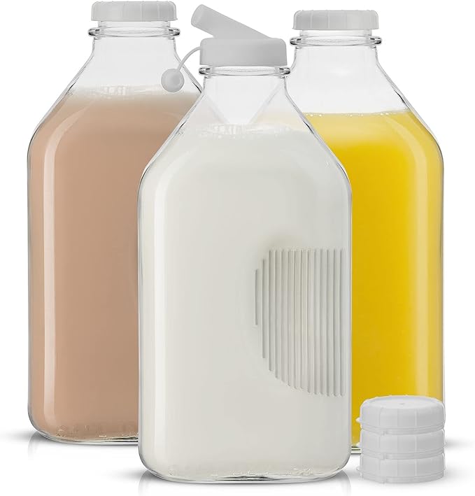 Amazon.com | JoyJolt Glass Milk Bottles with Lids and Pourer – 64 Oz, 3 ...