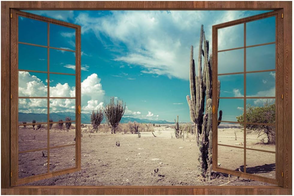 Amazon.com: DNVEN 28 inches x 20 inches 3D Fake Wood Window Cactus ...