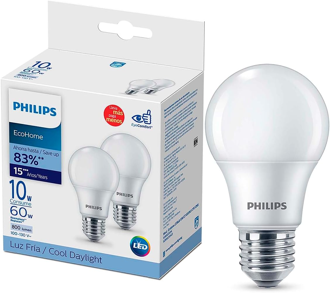 Philips LED Foco EcoHome 10 watts - Paquete de 2 focos de luz fría ...