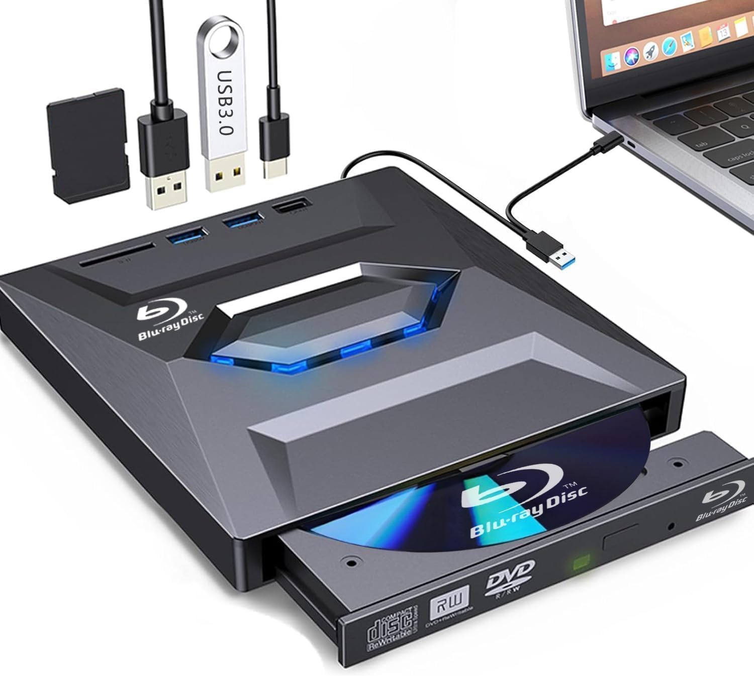 Amazon.co.jp: ブルーレイドライブ 外付け BD/CD/DVDドライブ USB3.0 Type-C 外付け Blu-ray 再生·書込対応 軽量 薄型ポータブル ポータブルブルー ...