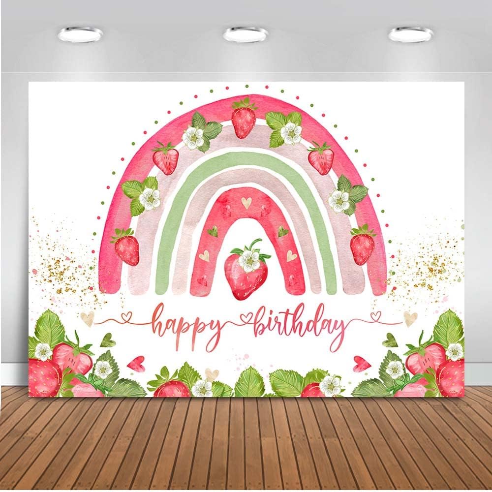 Amazon.com : Mocsicka Strawberry Birthday Backdrop Rainbow Berry Sweet Party Decorations Photo ...