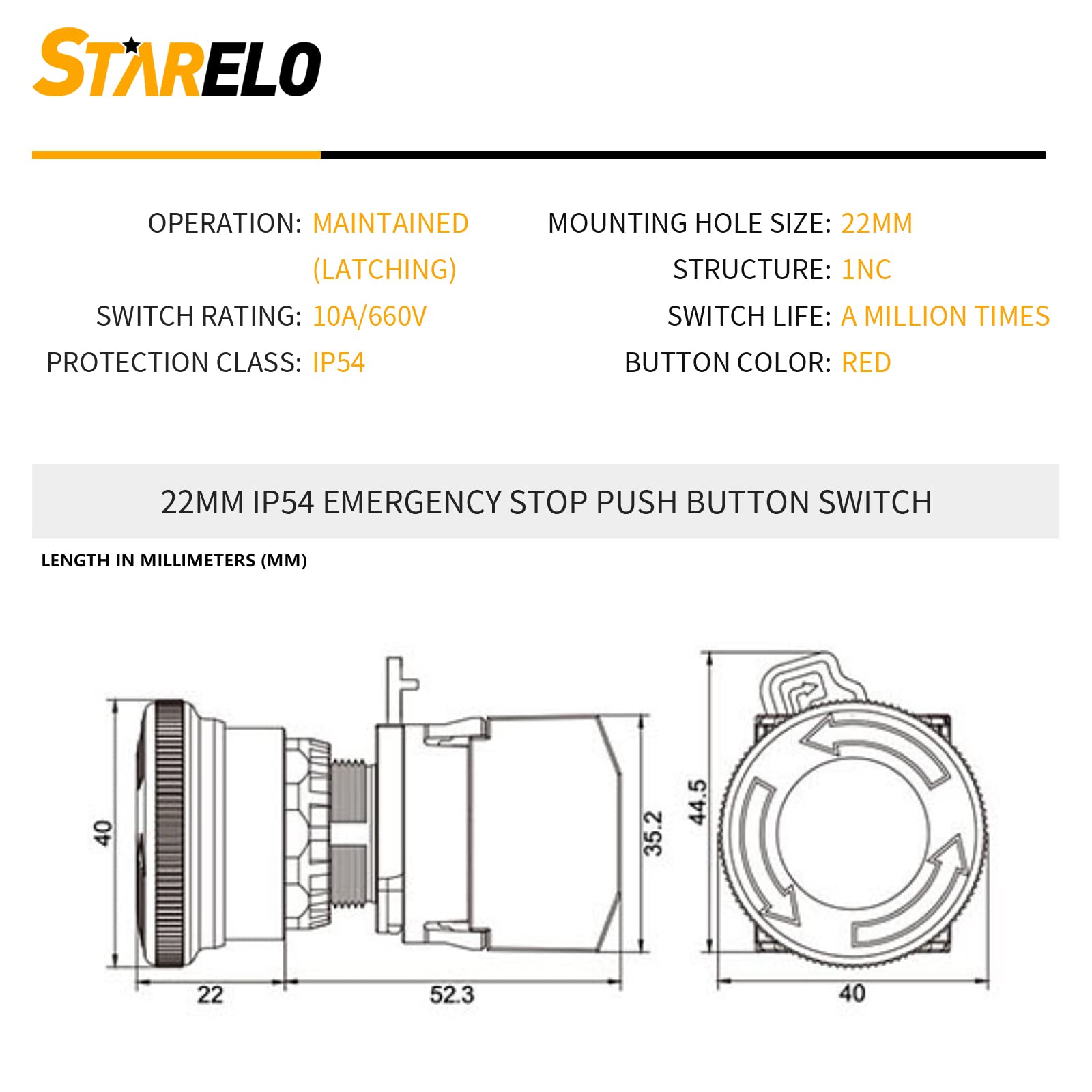 Snapklik.com : 22MM 1NC Red Mushroom Emergency Stop Metal Latching Push ...