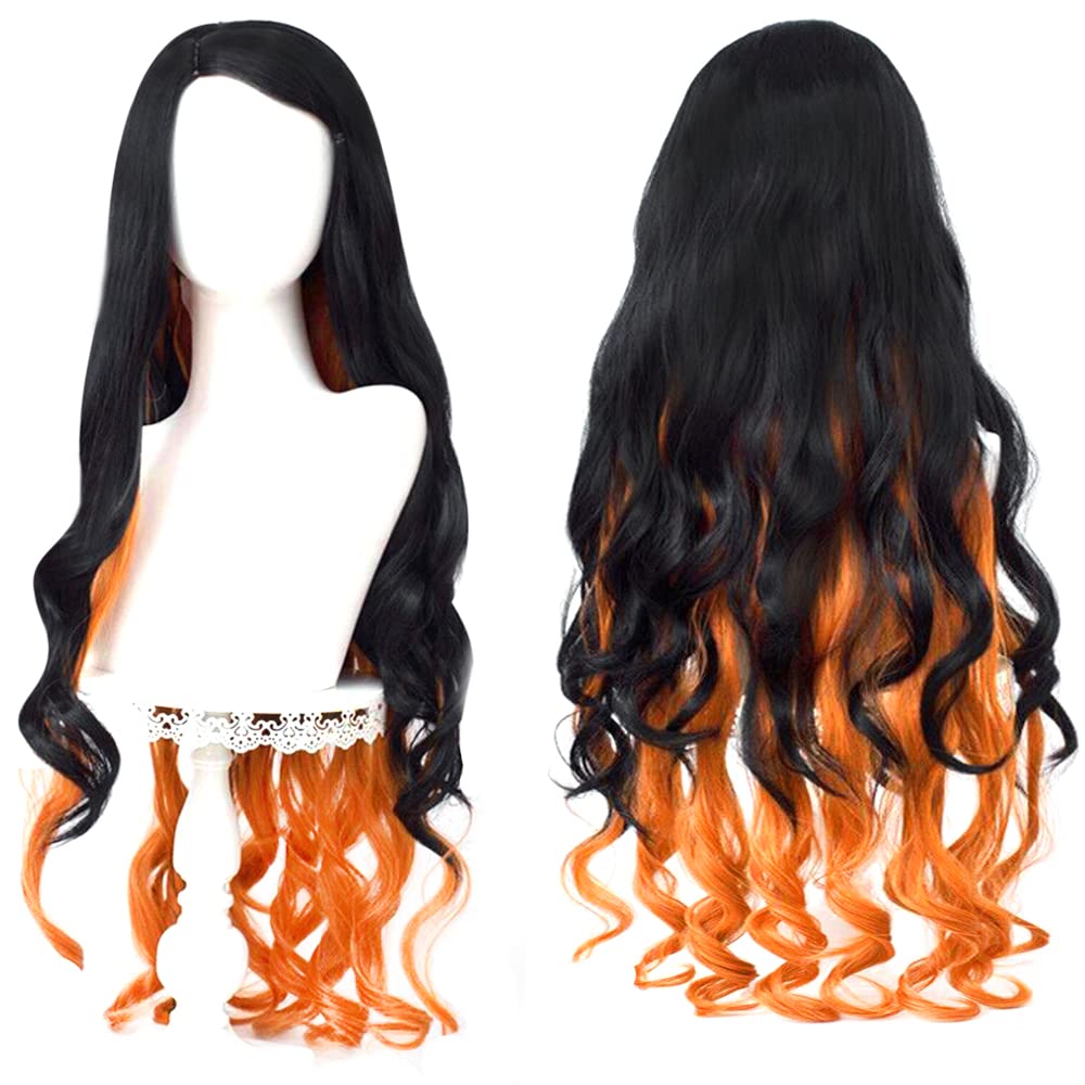 Amazon.com: usport Kamado Nezuko Cosplay wig, Long Curly Orange and ...