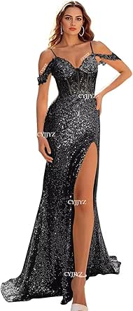 CYJJYZ Off Shoulder Sequin Prom Dresses for Women 2025 Sparkly Mermaid Long Formal Dress Corset ...