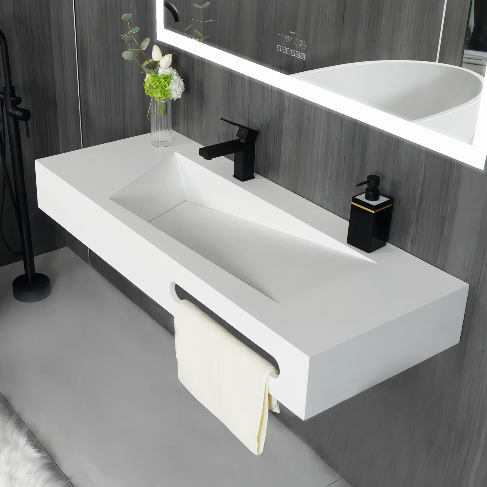 GESIPOR 48"x19" Wall-Mount Stone Resin Bathroom Sink Rectangular Vessel ...