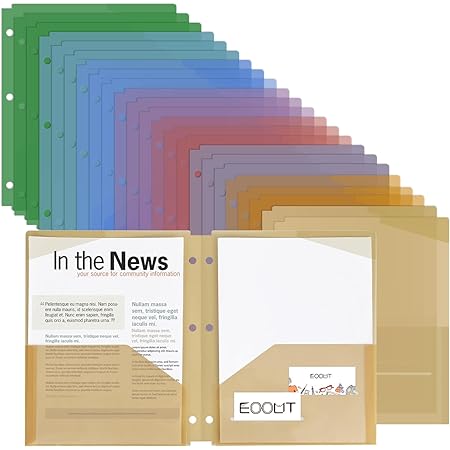 Amazon.com : EOOUT Plastic Folders with Pockets 3 Hole Punched Folders ...
