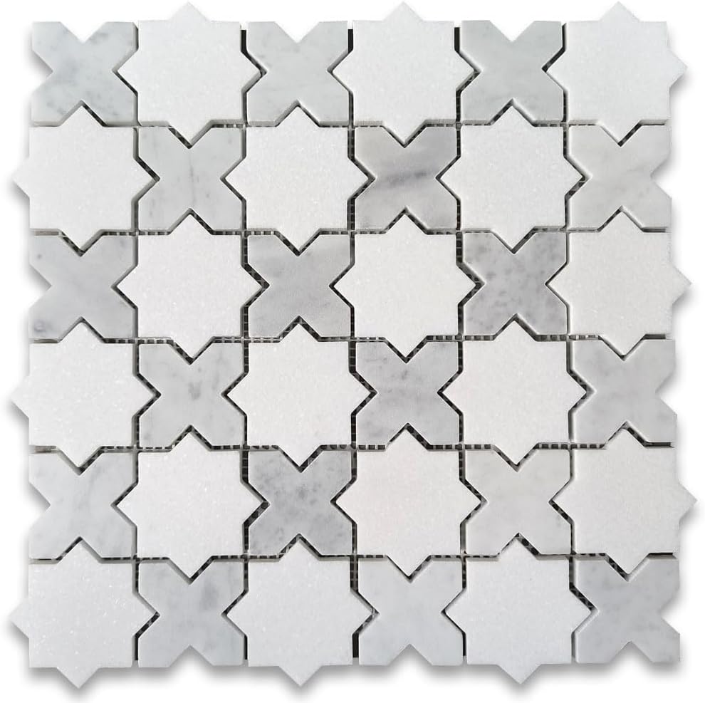 Stone Center Online Thassos White Marble 2 inch Cross Star Mosaic Tile ...