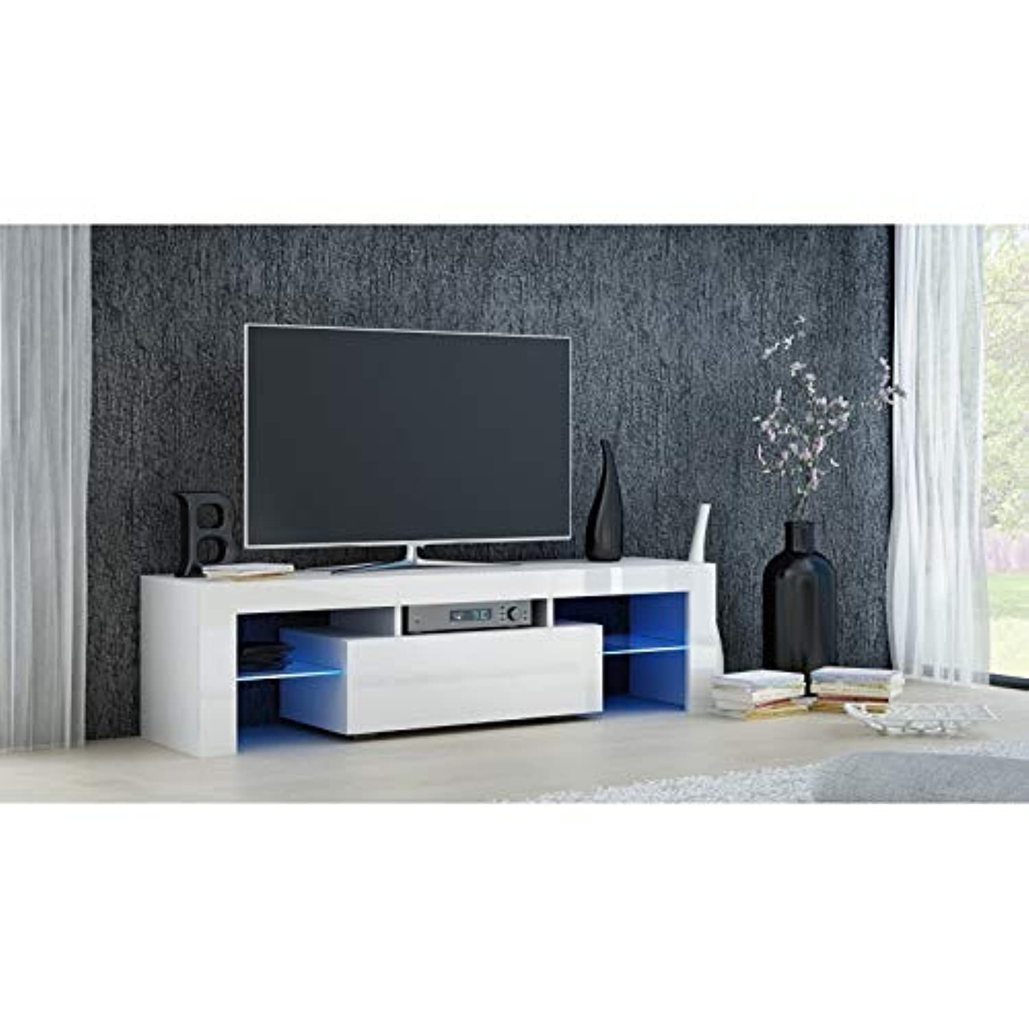 TV Table with 2 Glass Shelves and drawers with LED lights , White Size ...
