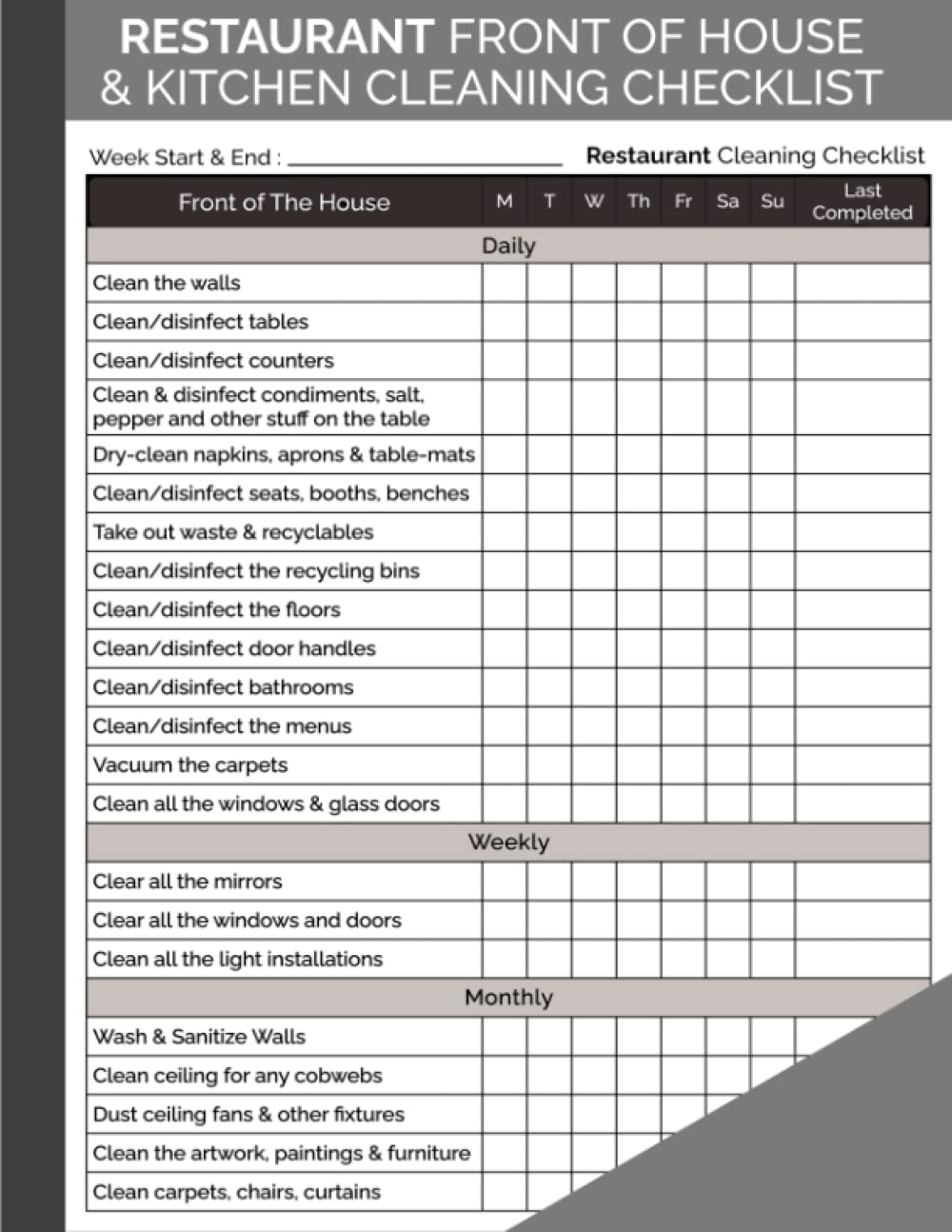 Restaurant Front of House & Kitchen Cleaning Checklist: Daily, Weekly ...