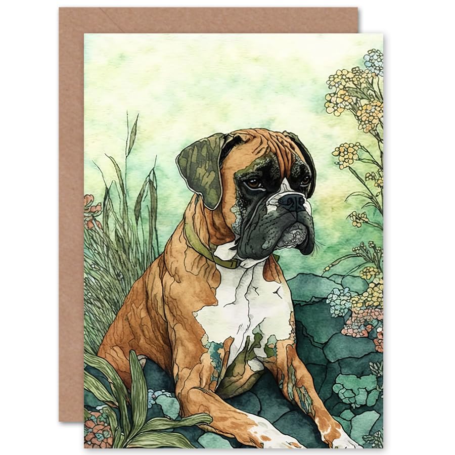 Artery8 Boxer Dog in Flower Field Colourful Watercolour Illustration ...