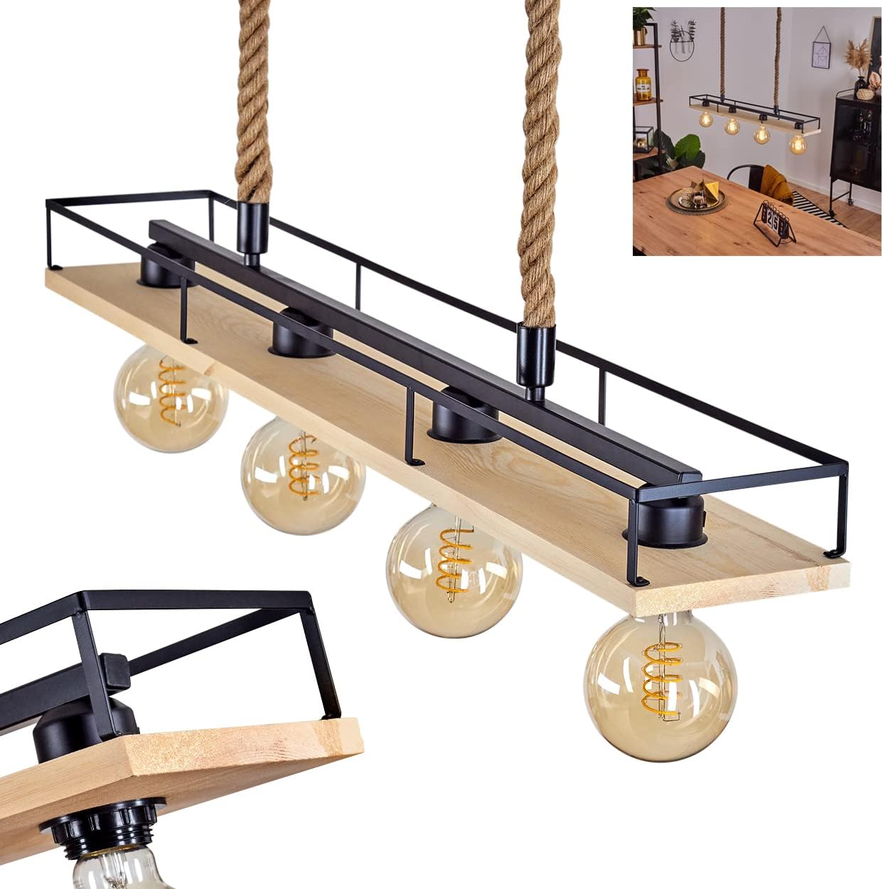 Pendelleuchte Nubani, Hängelampe aus Metall/Holz/Hanfseil, Schwarz ...