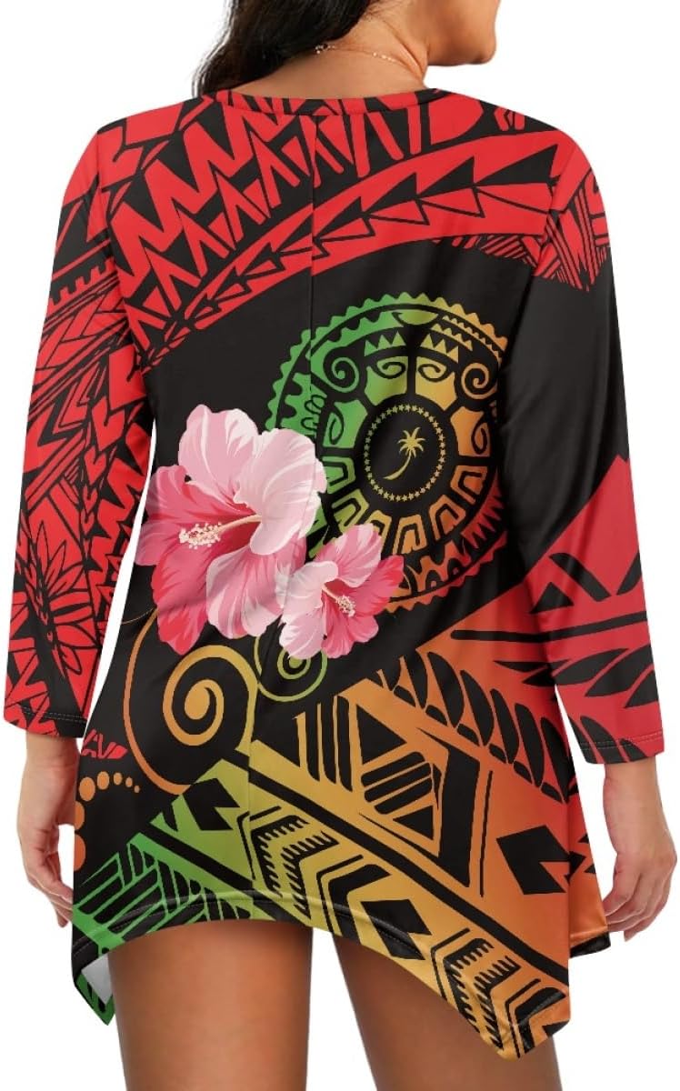 ENLACHIC Women Plus Size Traditional Polynesian Samoa Print V-Neck Long ...