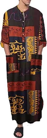 Men's Kaftan Robe Long Sleeve Thobe Button Down Henley Casual Side ...