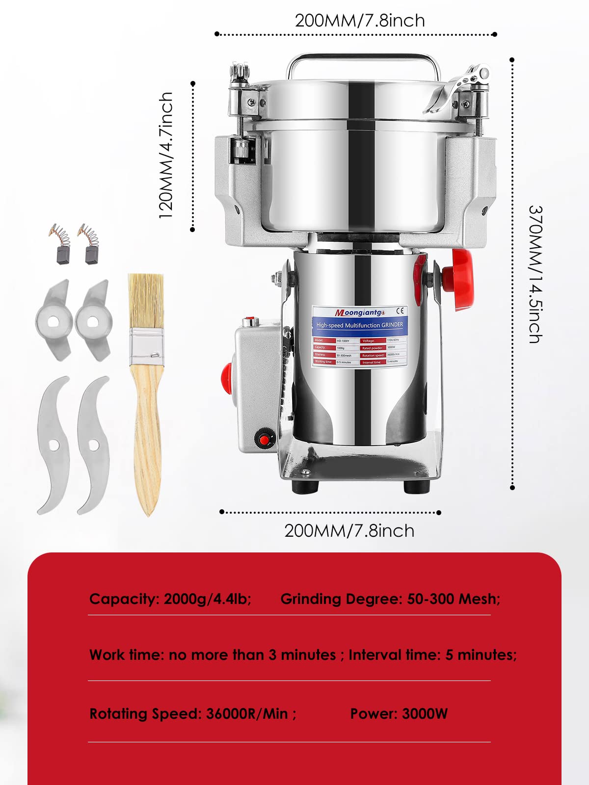 Moongiantgo 2000g Grain Mill Grinder Commercial Spice Grinder 3000W ...