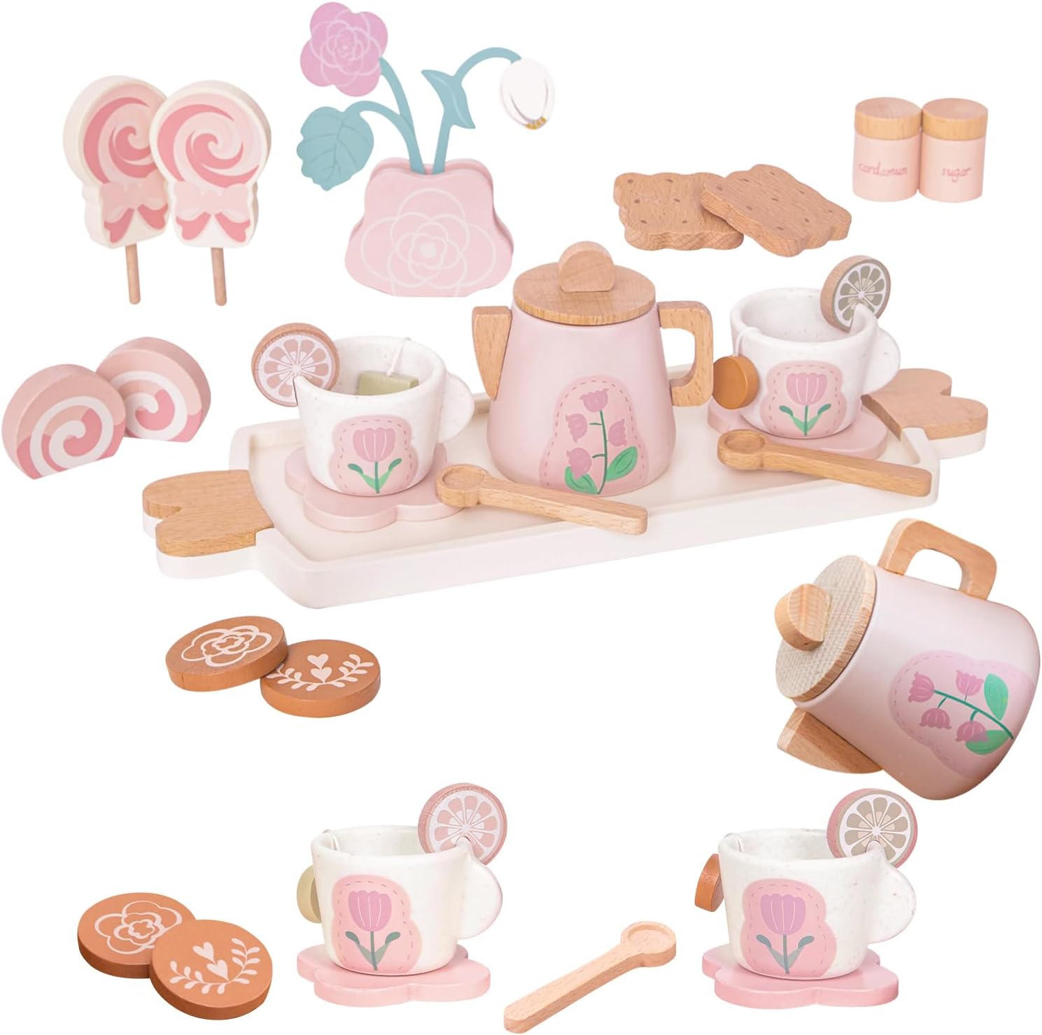 Smartwo 26Pcs Wooden Tea Set for Little Girls, Play Kitchen Accessories ...