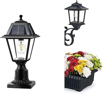 PASAMIC Solar Floor Lamp with Planter and Solar Post Lights 300LM ...