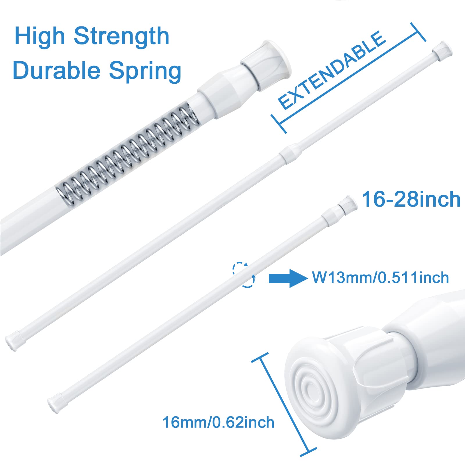 AIZESI Spring Tension Curtain Rods Short Tension Rod (White, 16" to 28 ...
