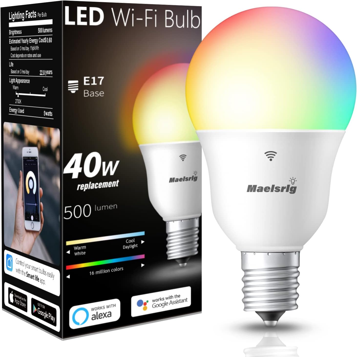 E17 Intermediate Base Smart Bulb, LED WiFi Light Bulb, Smart Light Bulb ...
