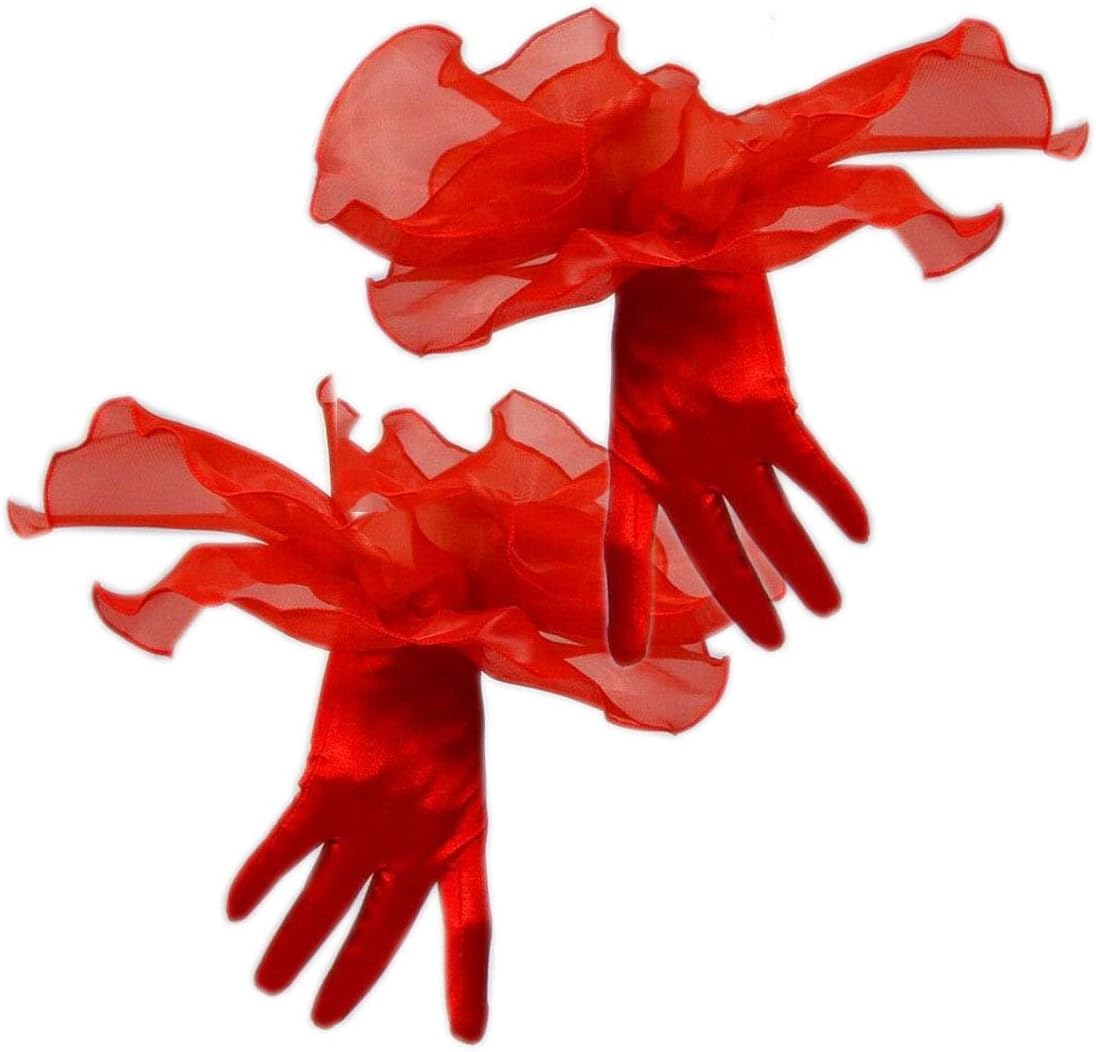 Satin Silk Gloves Wrist Short Stretchy Red Mesh Tulle Organza Ruffle ...