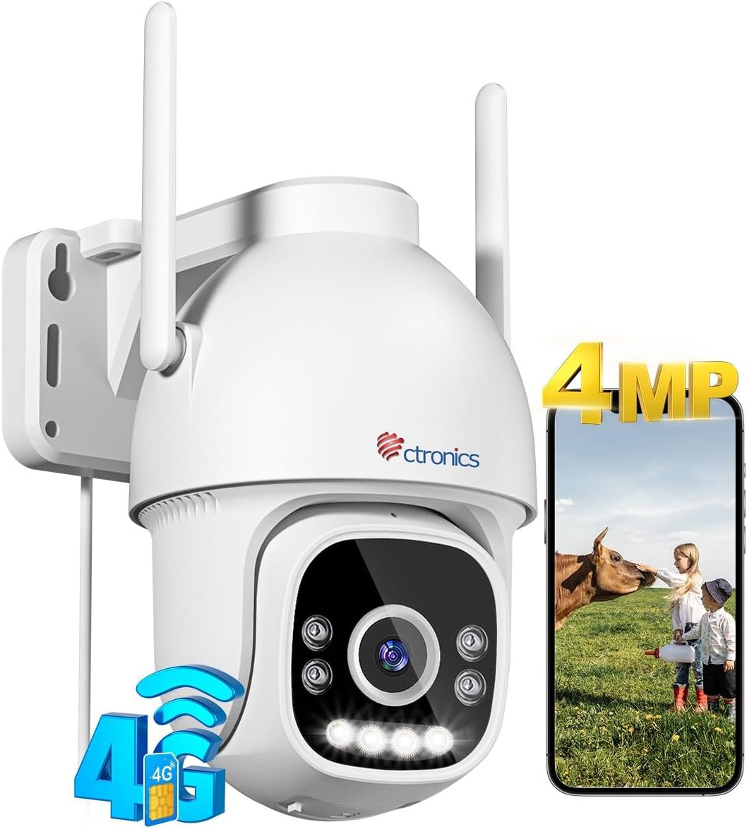 Ctronics 2.5K 4MP 3G/4G LTE Caméra de Surveillance Extérieure avec Carte Sim, PTZ IP Caméra ...