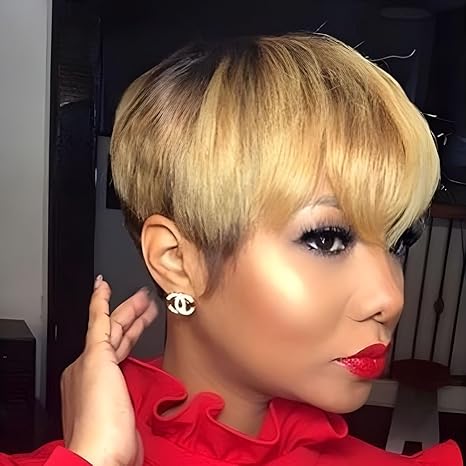 Amazon.com : MOONSHOW Short Pixie Cut Wigs for Black Women Ombre Blonde ...