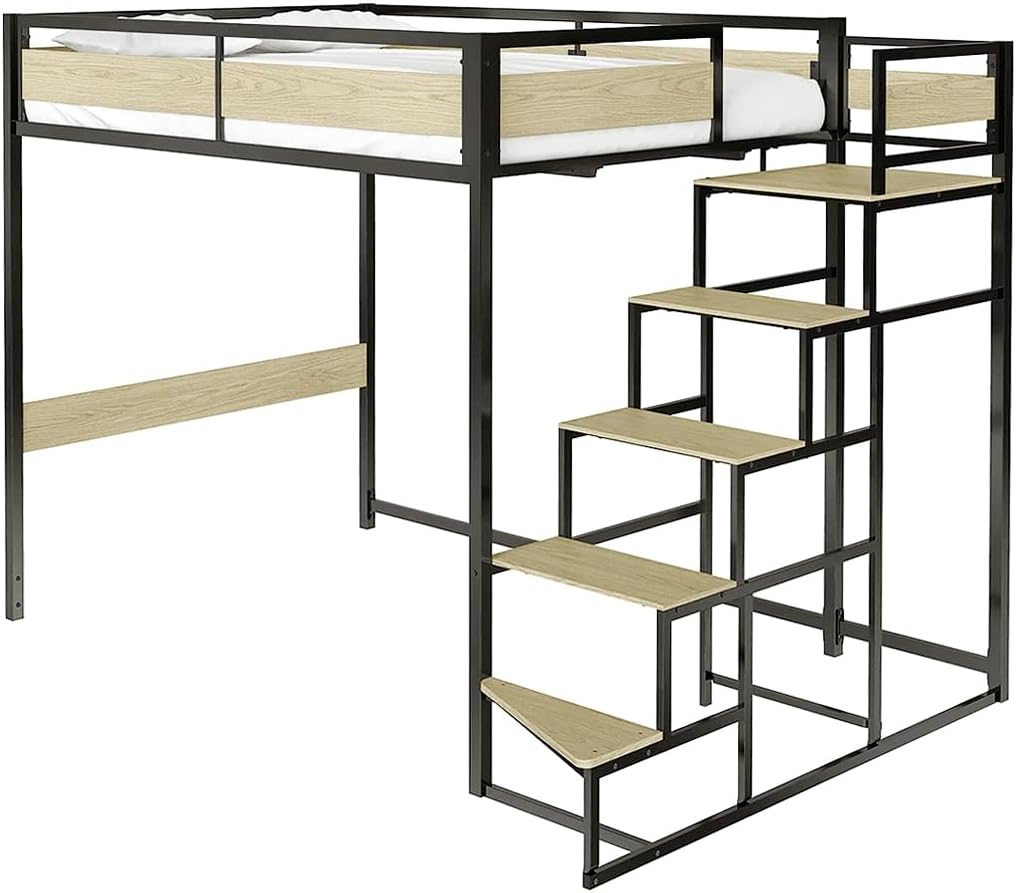 SENHO Lit Mezzanine avec sommier et escalier en métal Finition epoxy ...