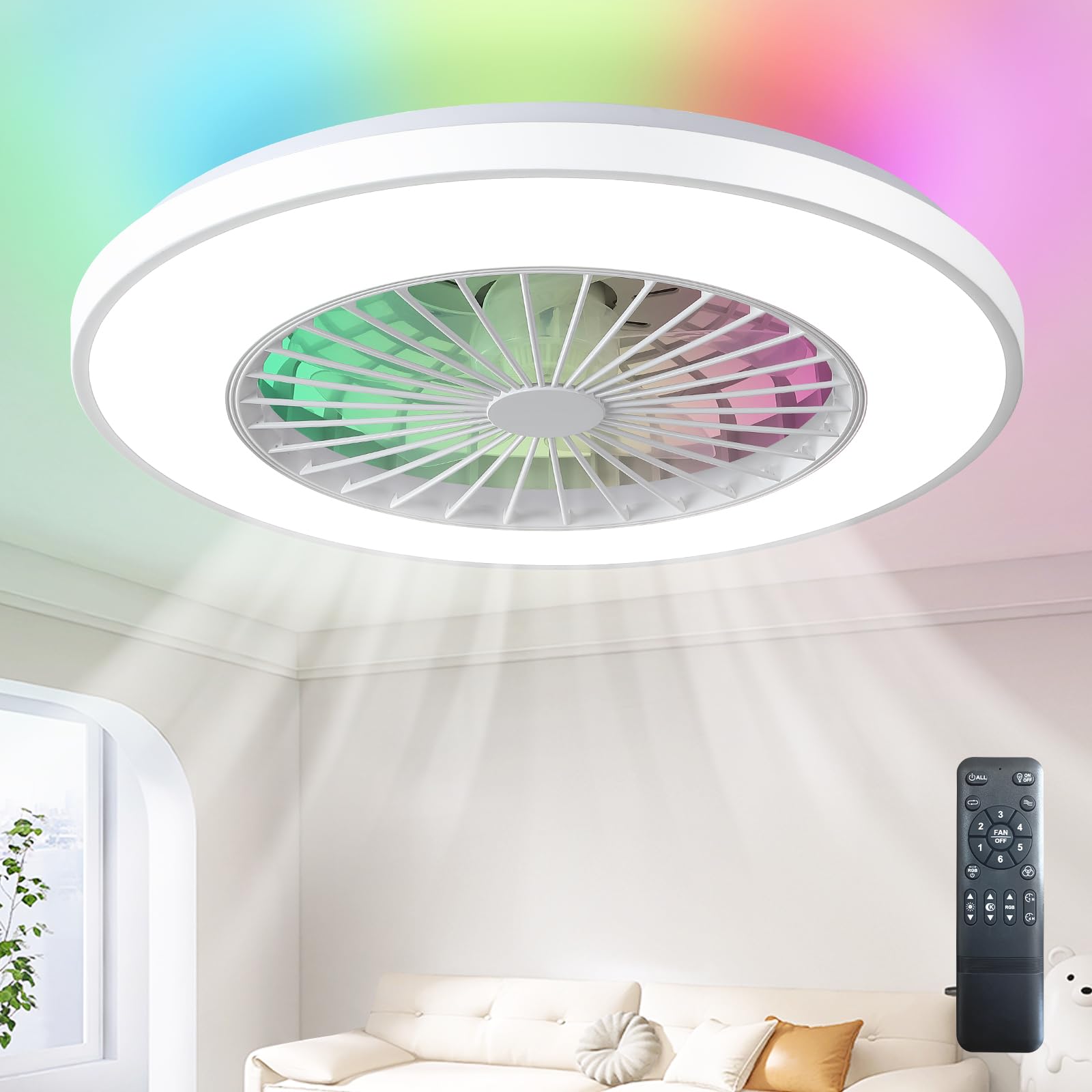 XINSHUO 20'' Low Profile Ceiling Fan with Light & Remote, Enclosed ...