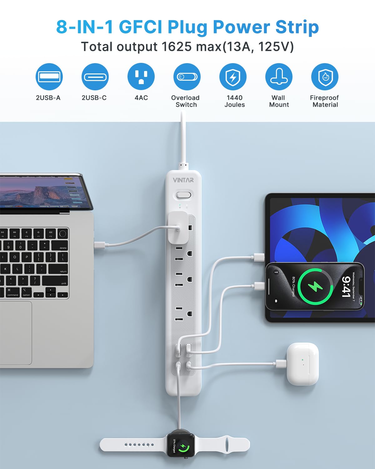 Snapklik.com : VINTAR 2 Prong GFCI Power Strip, 2 Prong To 3 Prong GFCI ...