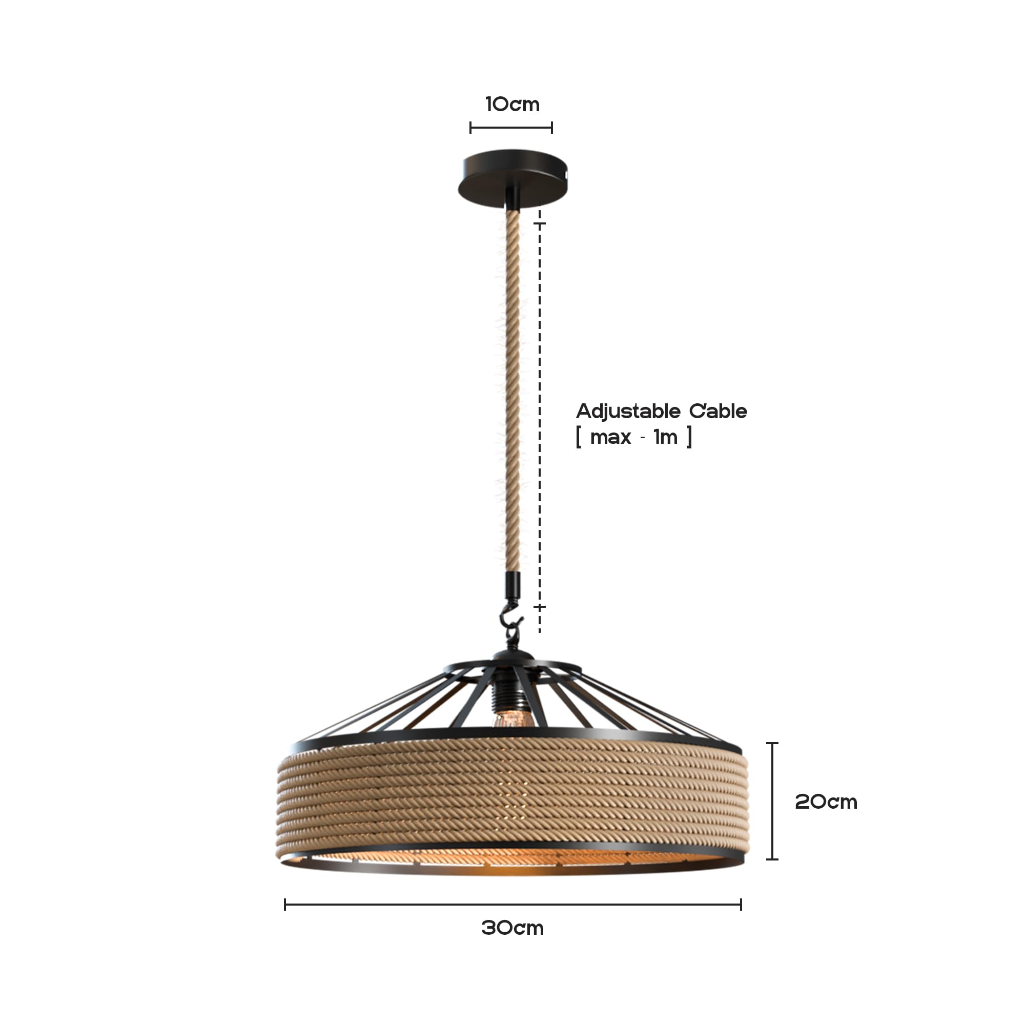 Metal & Rope Pendant Light Shade,30cm Retro Hemp Rope Black Ceiling ...