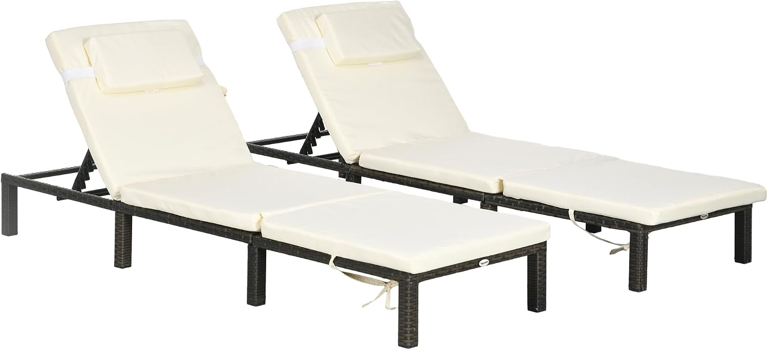 Outsunny Rattan Sun Lounger Set of 2, 5-Level Adjustable Garden Lounger ...