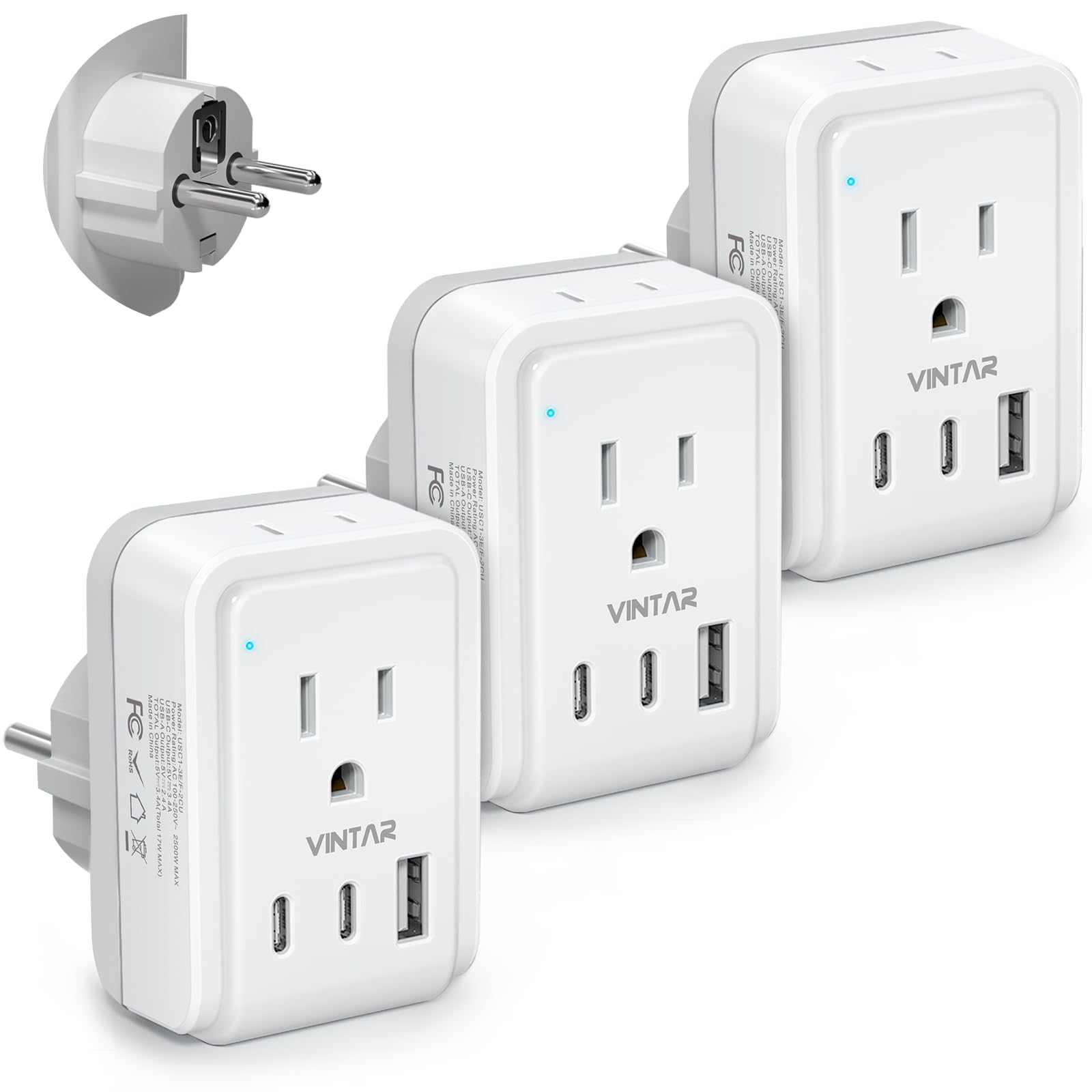 [3-Pack] Type E F Plug Adapter,VINTAR Schuko Germany France Power ...