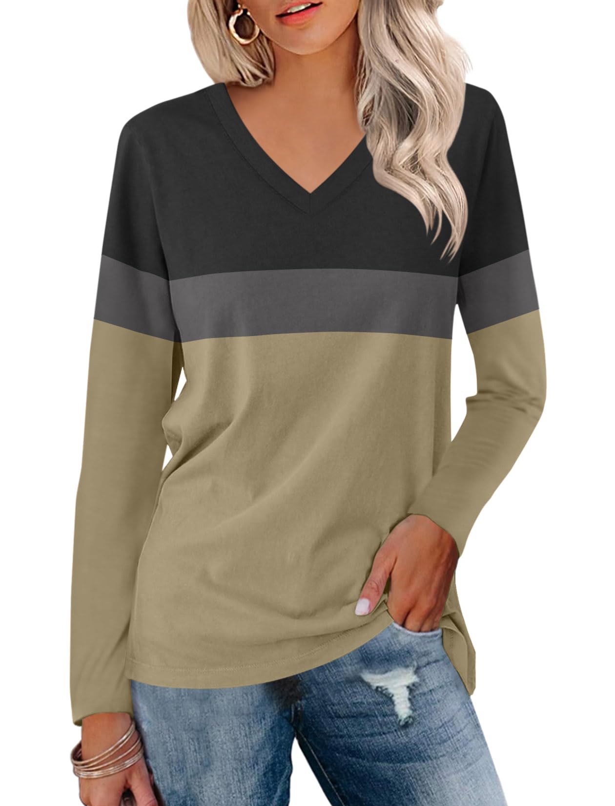 ORANDESIGNE Women's Long Sleeve Color Block Tunics Tops V Neck Casual ...