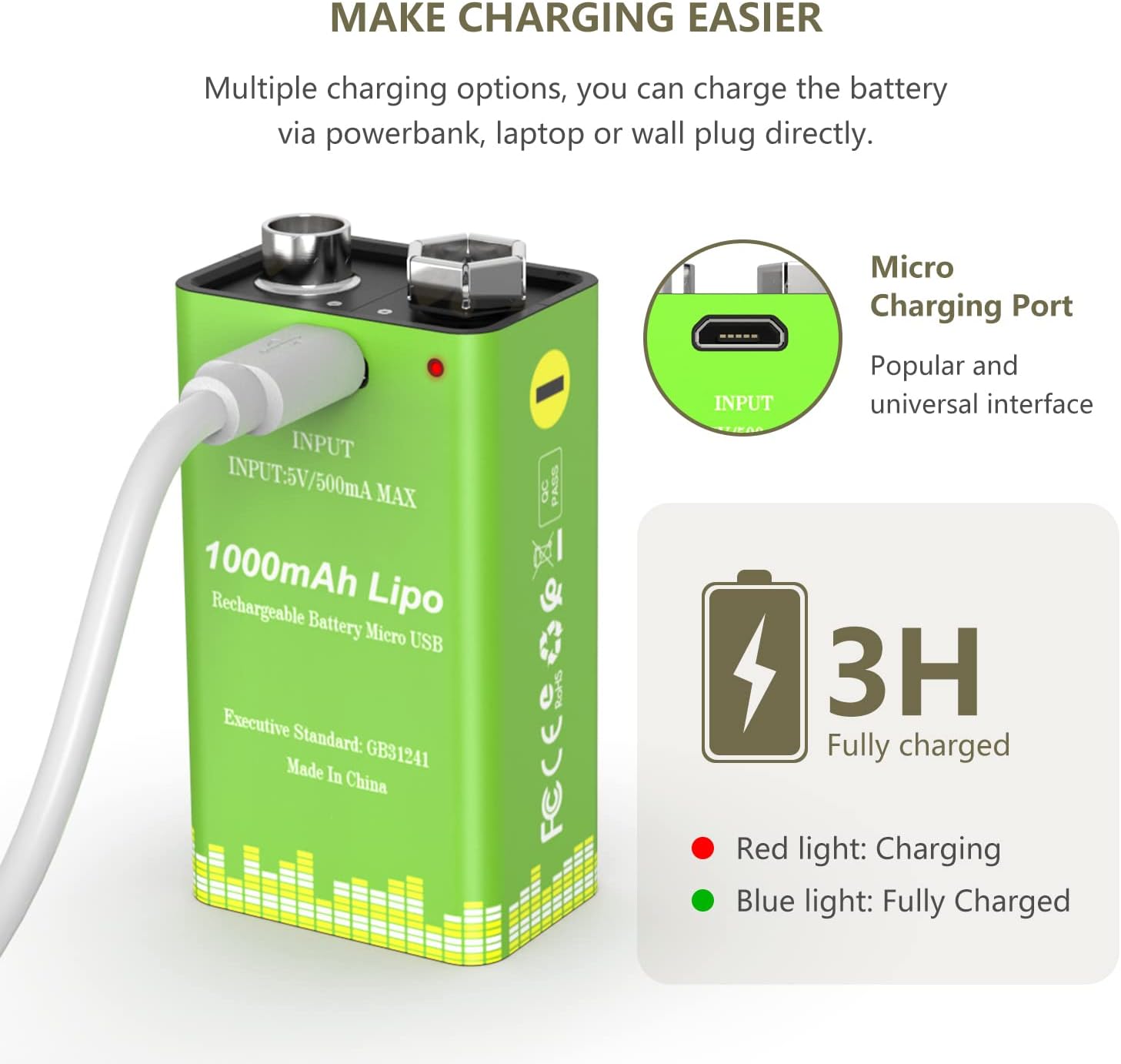 Paquete de batería recargable de 9 V paquete de 2 baterías USB de iones ...