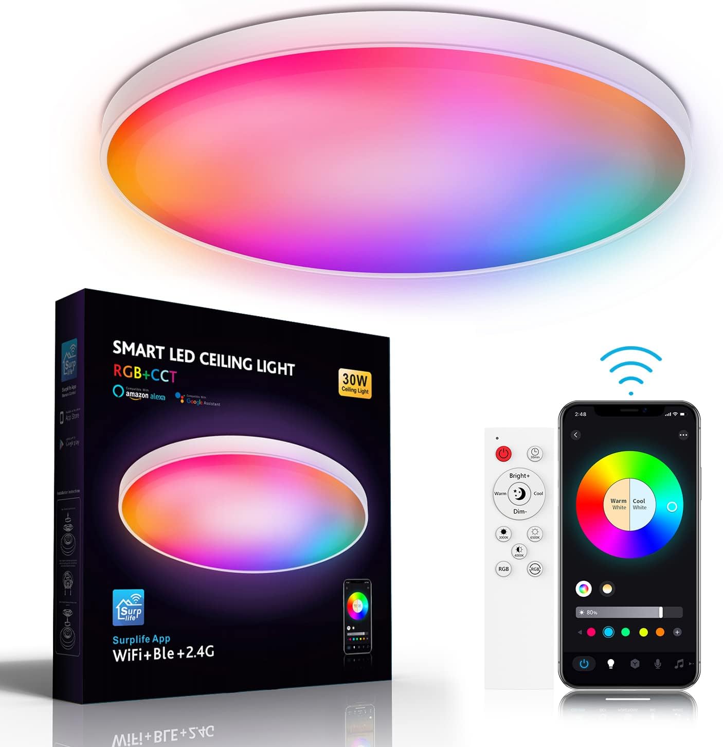 iodoo 24W 12in 2400LM RGB Flush Mount Ceiling Light, Smart Ceiling ...